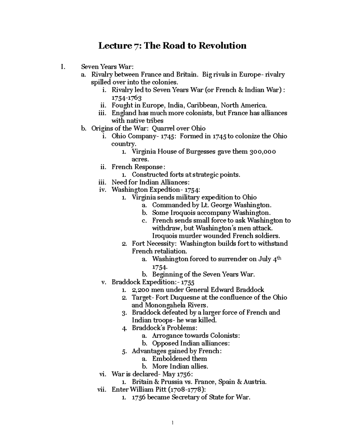 Lecture 7- The Road to Revolution (01-23)- Outline - Lecture 7: The ...