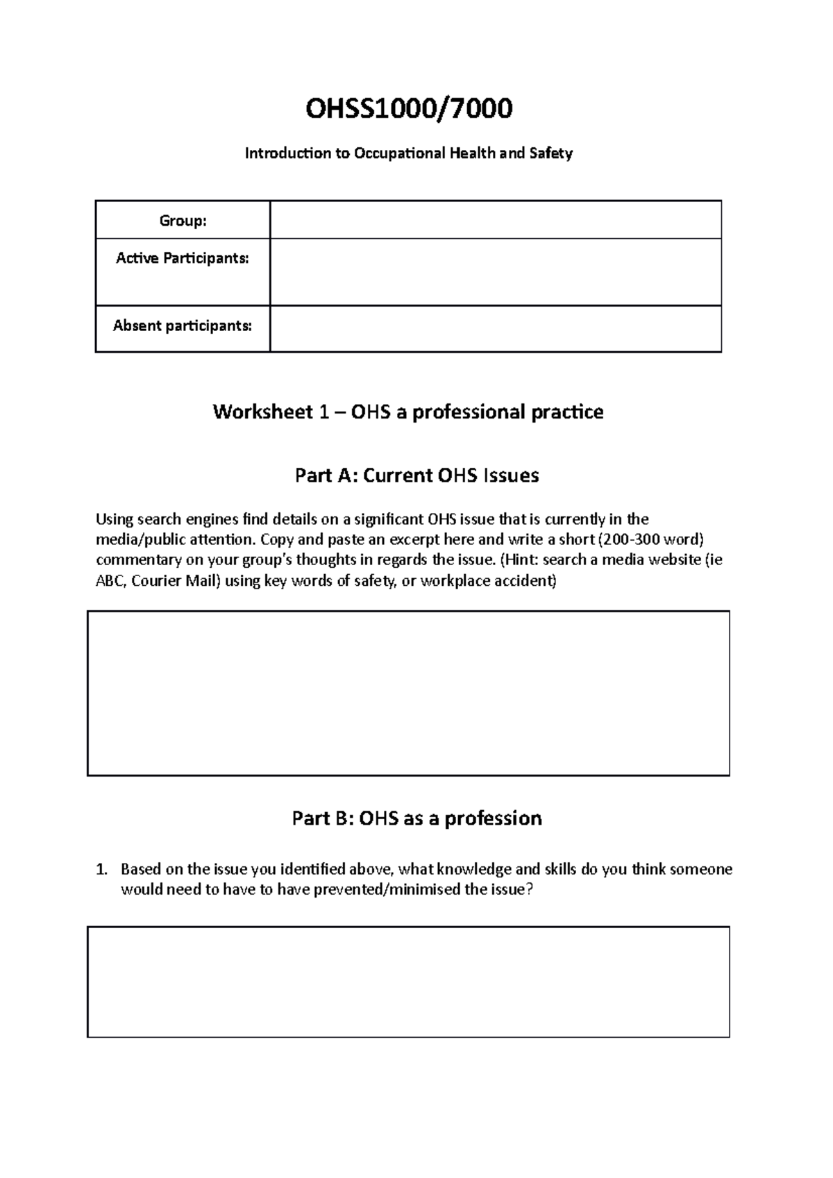 OHS wk1 workshop worksheet - OHSS1000/ Introduction to Occupational ...
