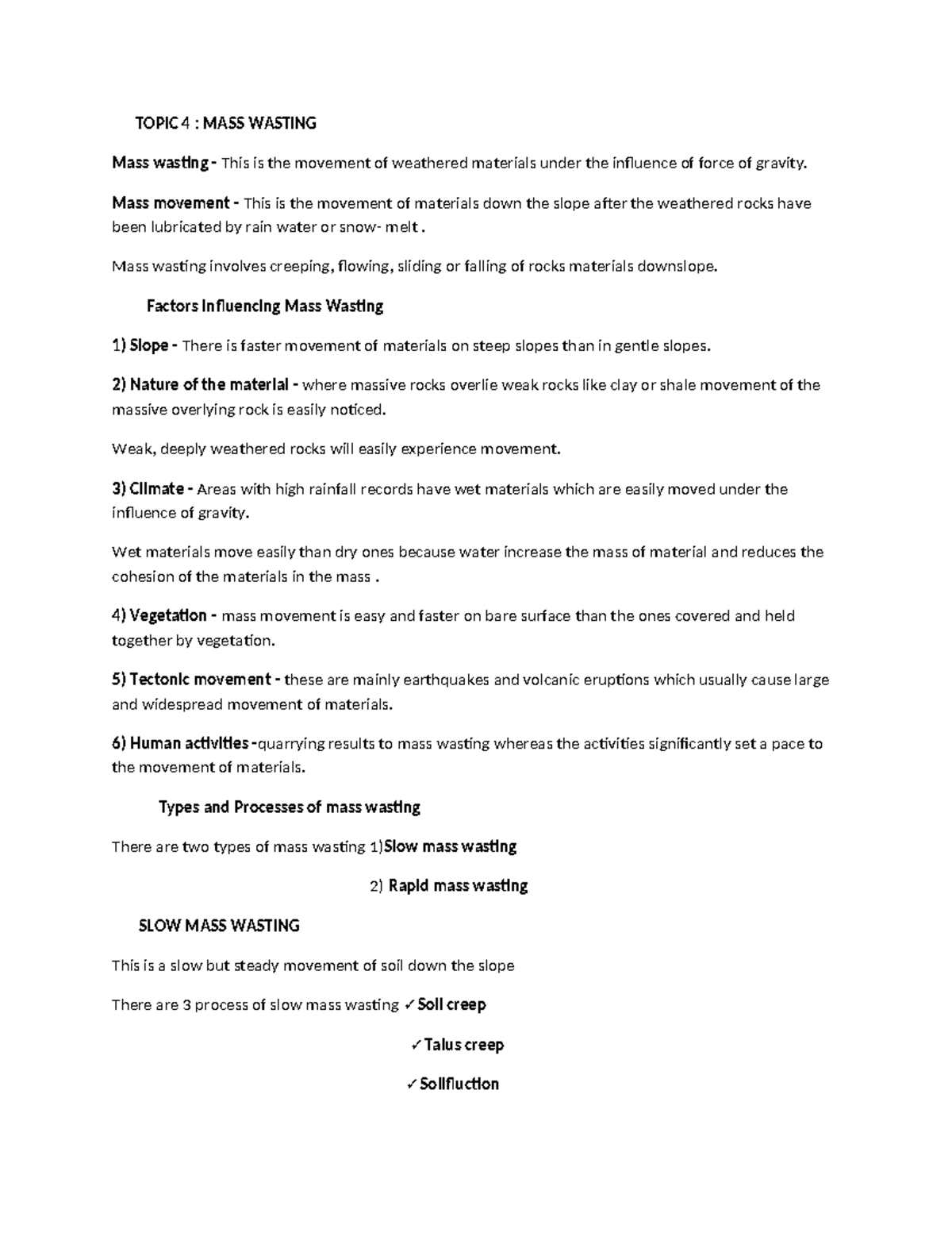 Lesson notes - Hope it will be helpful - TOPIC 4 : MASS WASTING Mass ...