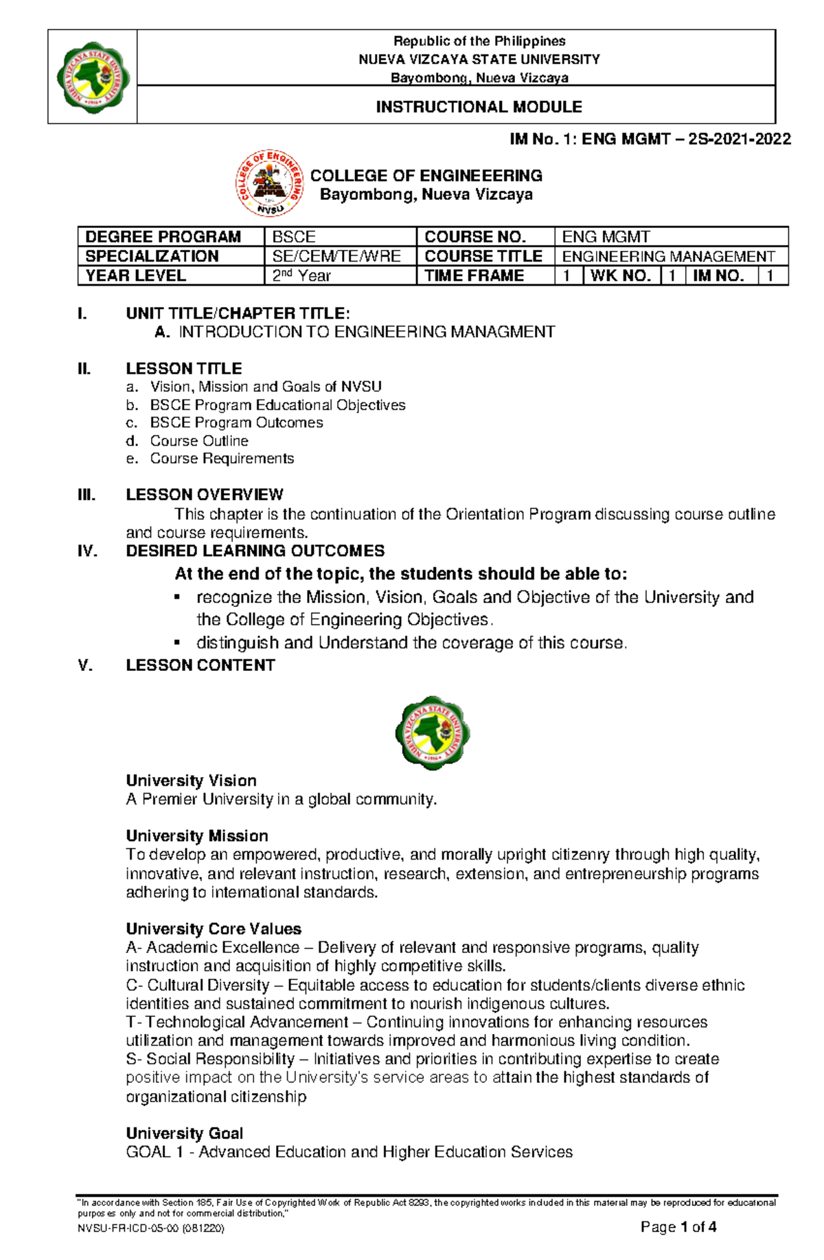 ENG MGMT IM No. 1 - Module - NUEVA VIZCAYA STATE UNIVERSITY Bayombong ...
