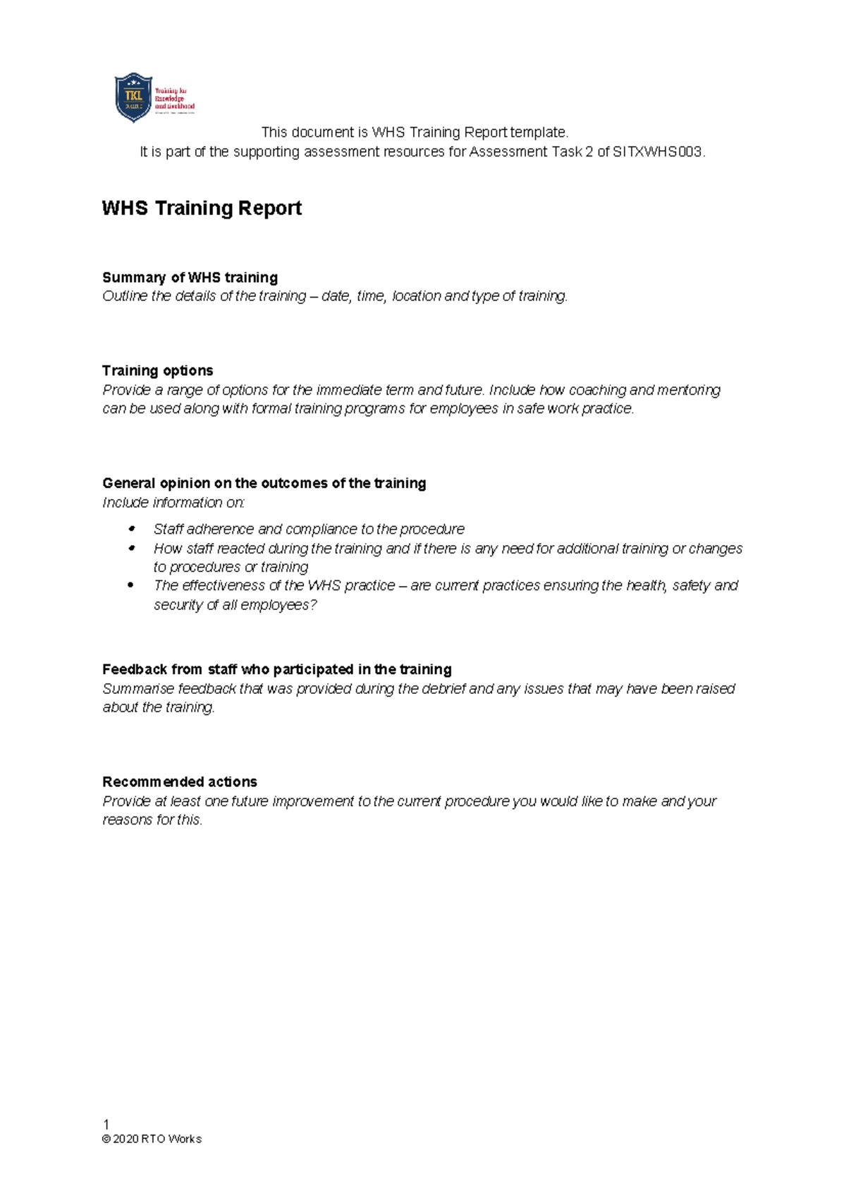 WHS Training Report Template - It is part of the supporting assessment ...