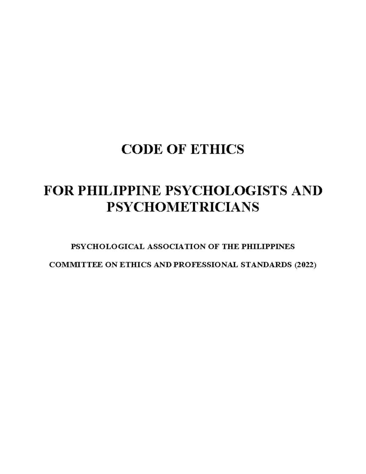 Pap-code-of-ethics-2022 1 - CODE OF ETHICS FOR PHILIPPINE PSYCHOLOGISTS ...