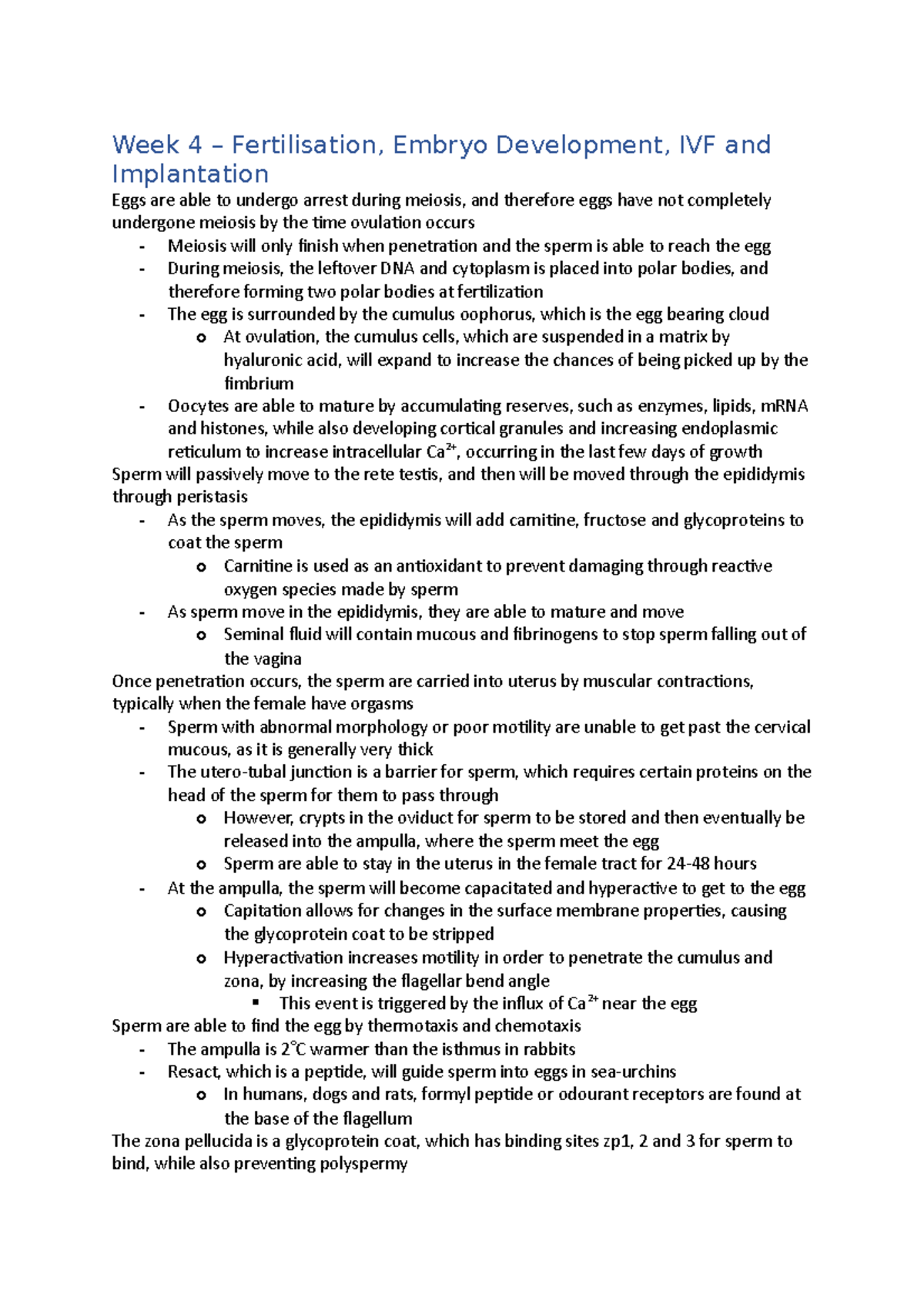 Reproductive Physiology Notes - Weeks 4 - 6 - Week 4 – Fertilisation ...