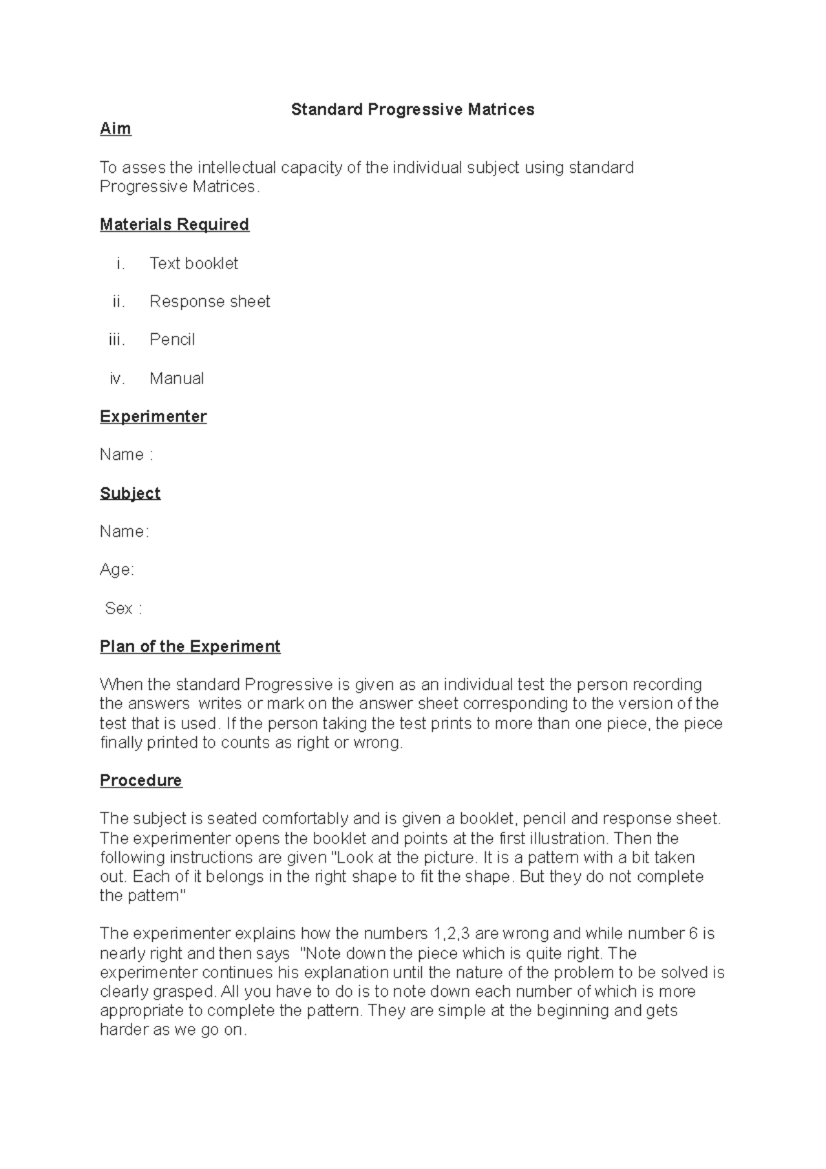 Procedure sheet of the test Standard Progressive Matrices (SPM ...