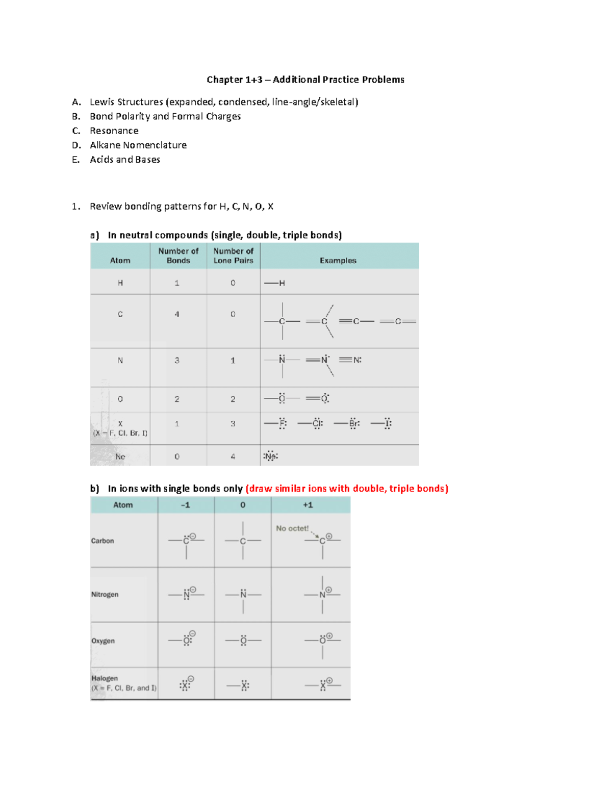 Lewis structures, resonance, acids and bases - Chapter 1+3 – Additional ...