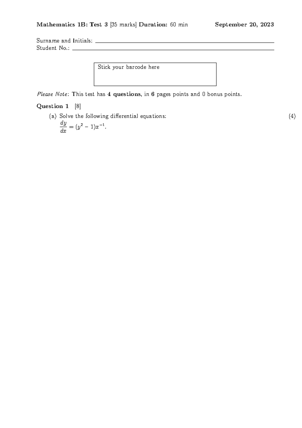 Test 3 (2023) - practise - Mathematics 1B: Test 3 [35 marks] Duration ...