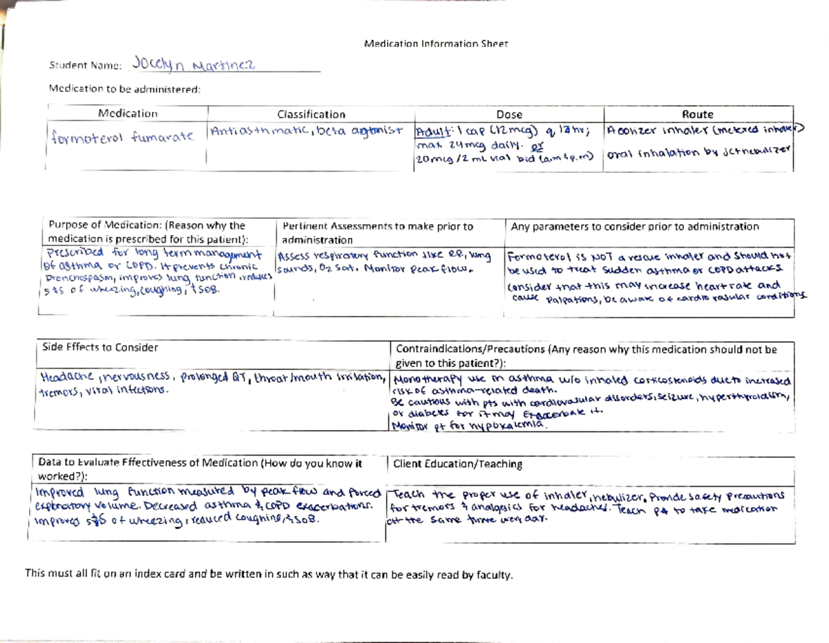Formoterol fumarate - Med sheet - Student Name: JOCclyn Marinez ...