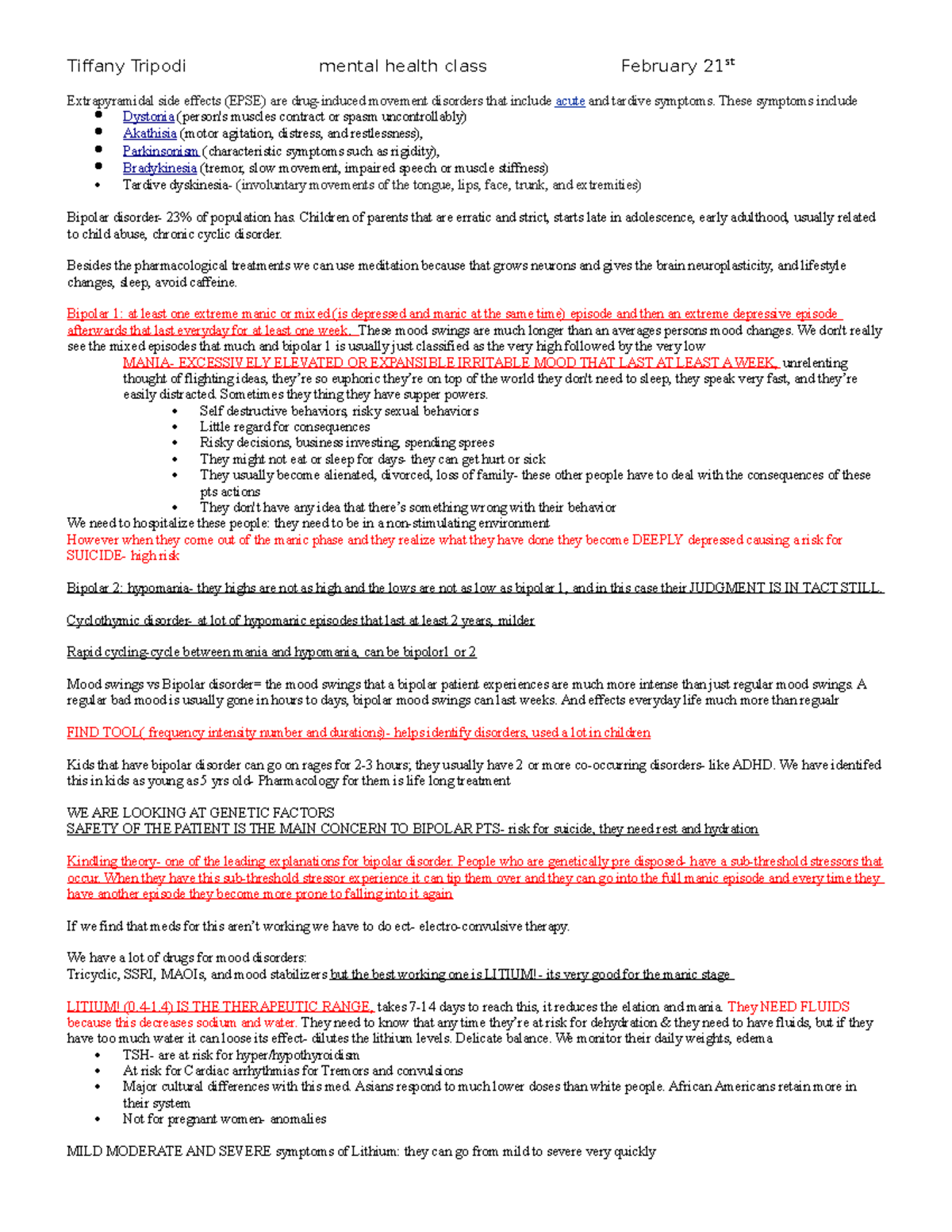 Class 5 mental health - lecture notes - Extrapyramidal side effects ...