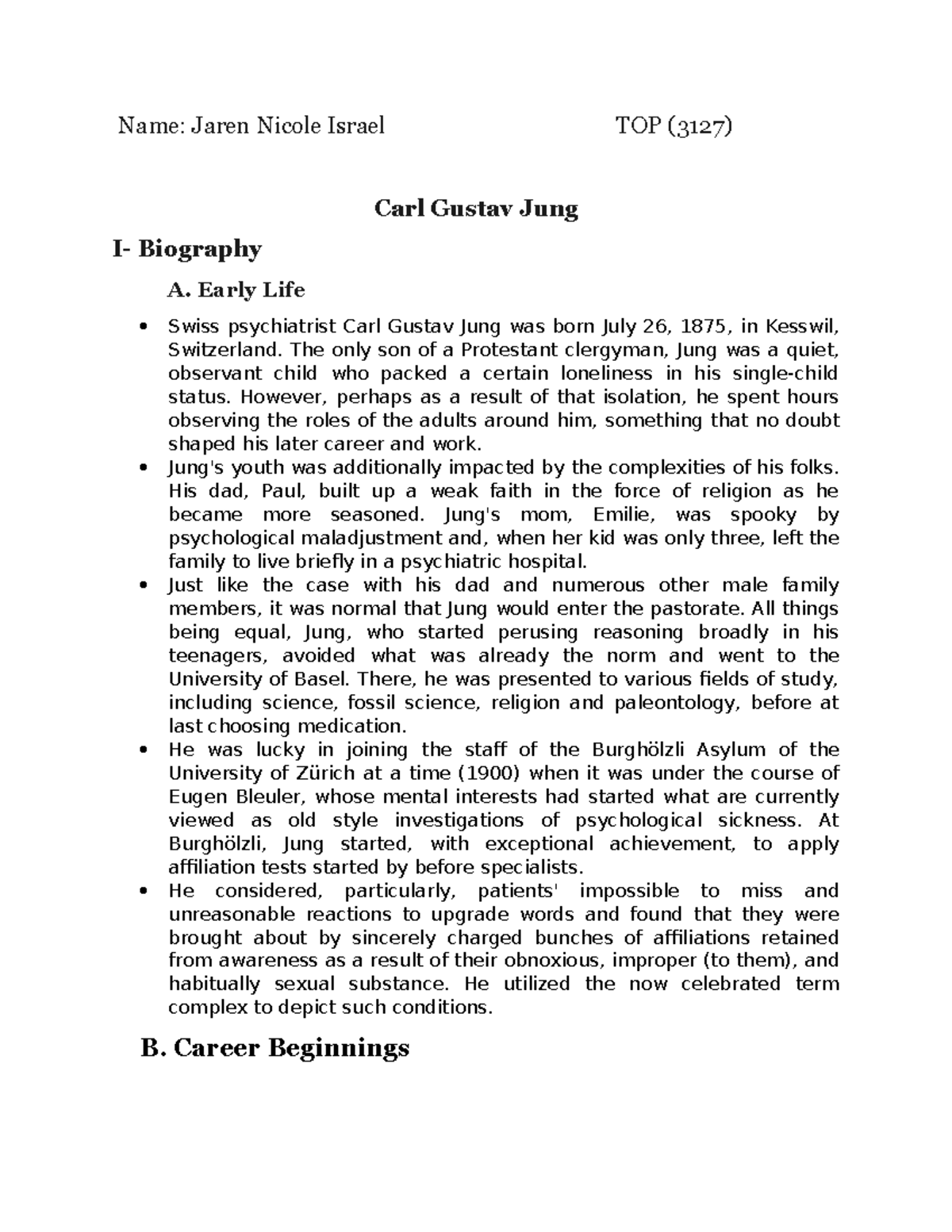 Carl Gustav Jung - Biography of proponents - Name: Jaren Nicole Israel ...