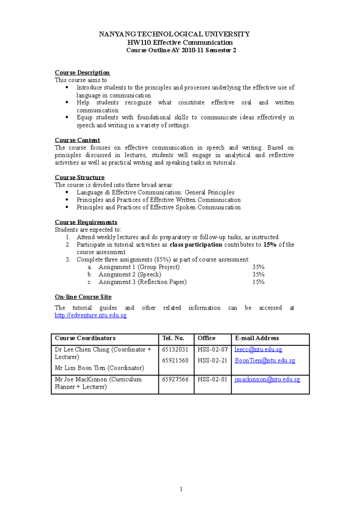 HW110 Course Schedule - NANYANG TECHNOLOGICAL UNIVERSITY HW110 ...