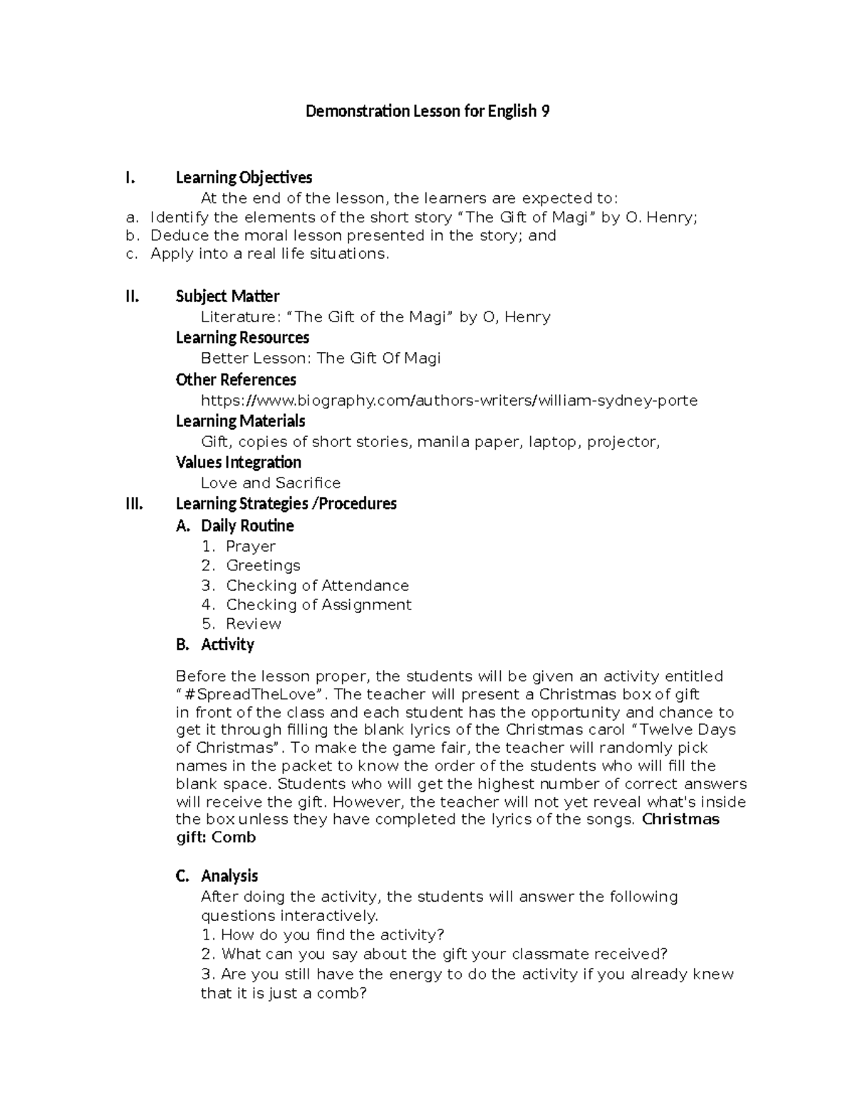 Demonstration Lesson for English 9 - Learning Objectives At the end of ...