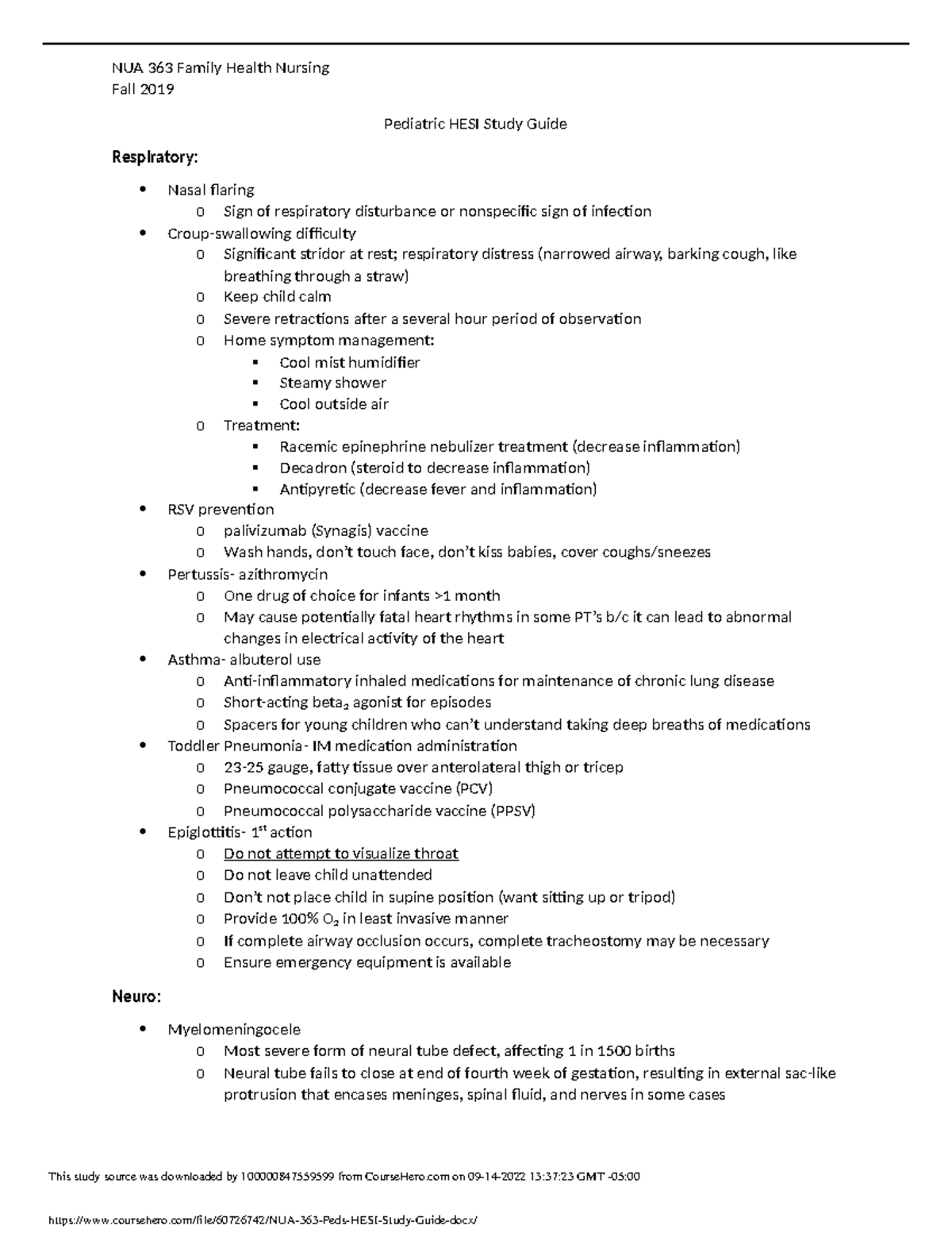 NUA 363 Family Health Nursing Fall 2019 Pediatric HESI Study Guide ...