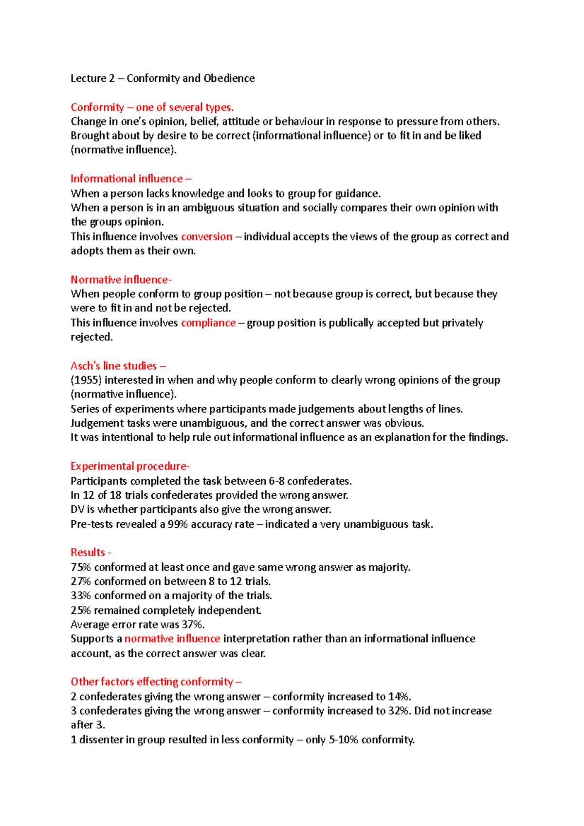 Lecture 2 - important information - Lecture 2 Conformity and Obedience ...