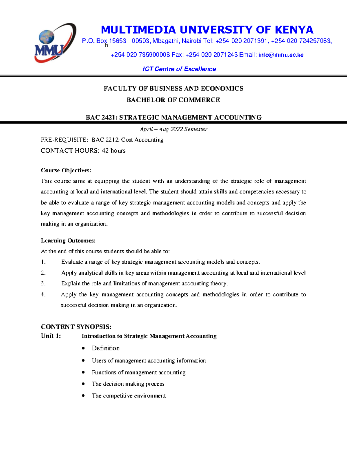 Course Outline - April 2022 - h FACULTY OF BUSINESS AND ECONOMICS ...