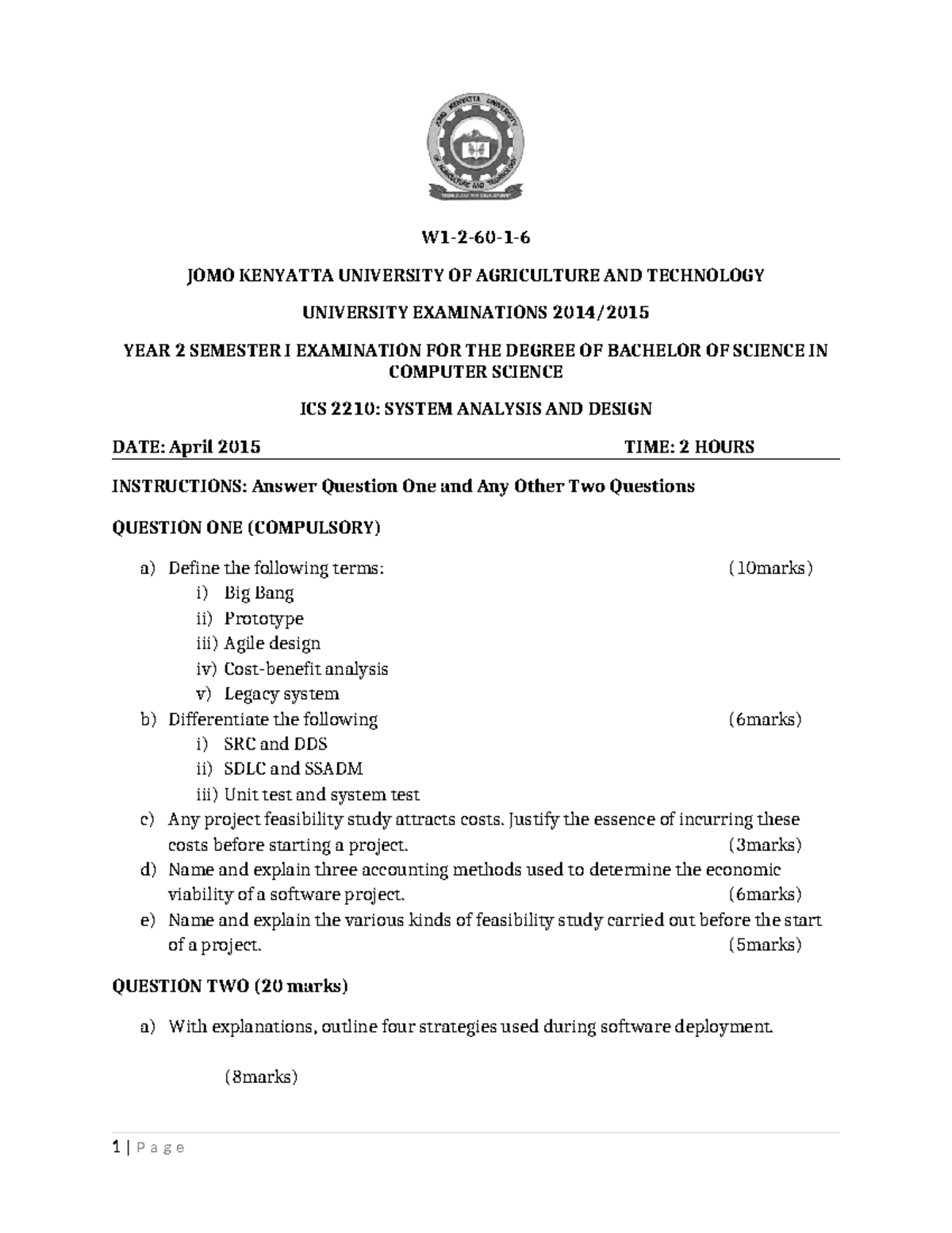 ICS 2210 System Analysis AND Design - W1-2-60-1- JOMO KENYATTA ...