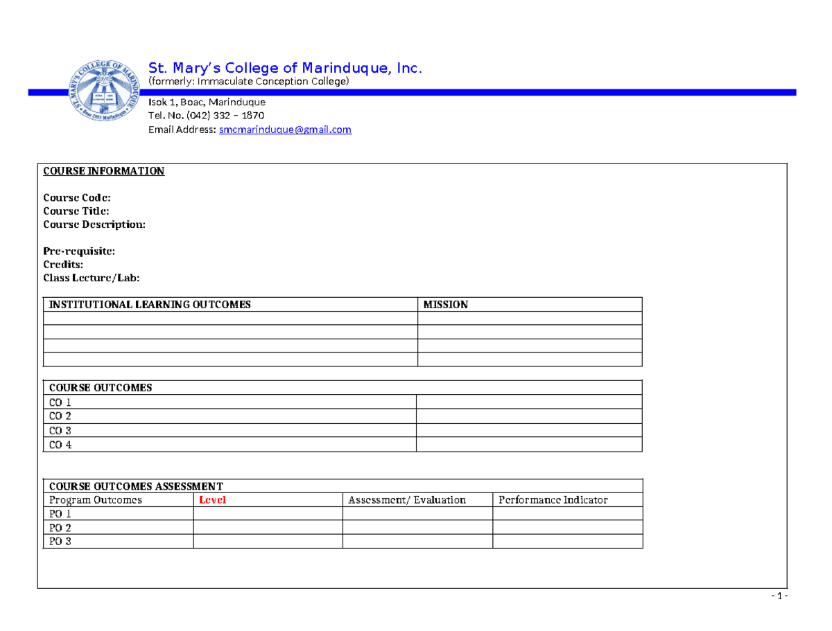 SMCM Syllabus- Template SY 24-25 - St. Mary’s College of Marinduque ...