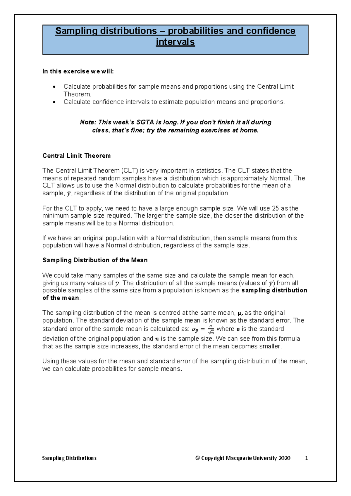 Sgtaweek 5 solution - Sampling distributions – probabilities and confidence intervals In this ...