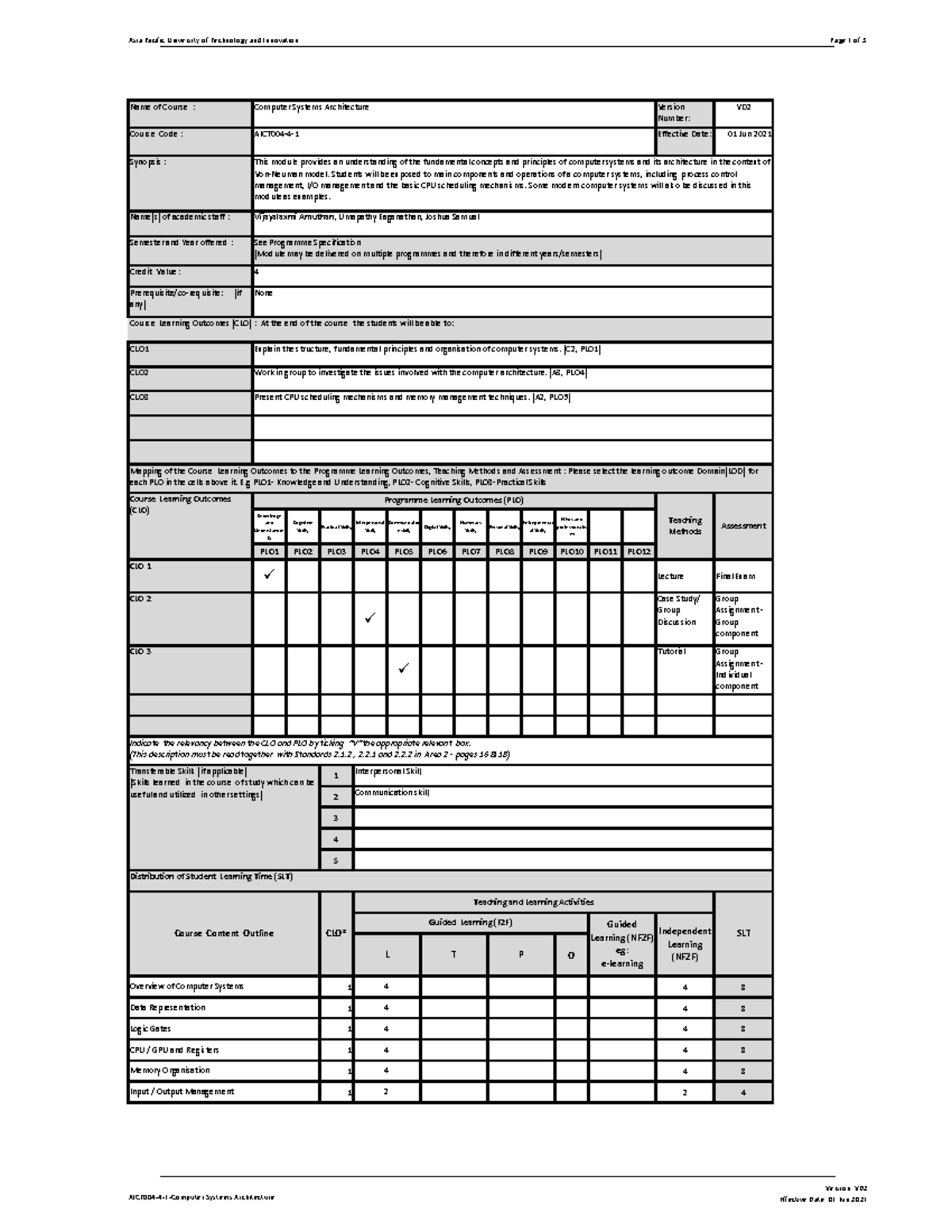 AICT004-4-1-CSA Computer Systems Architecture (VD2) 1 June 2021 - Asia Pacific University of ...