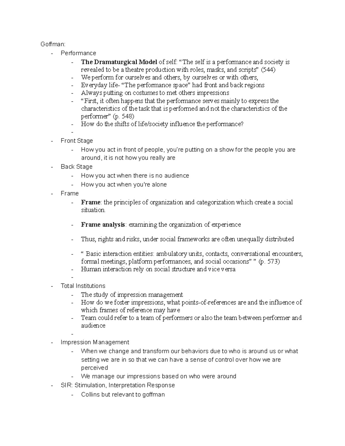 SOCI 3160 - lecture notes - Goffman: Performance The Dramaturgical ...