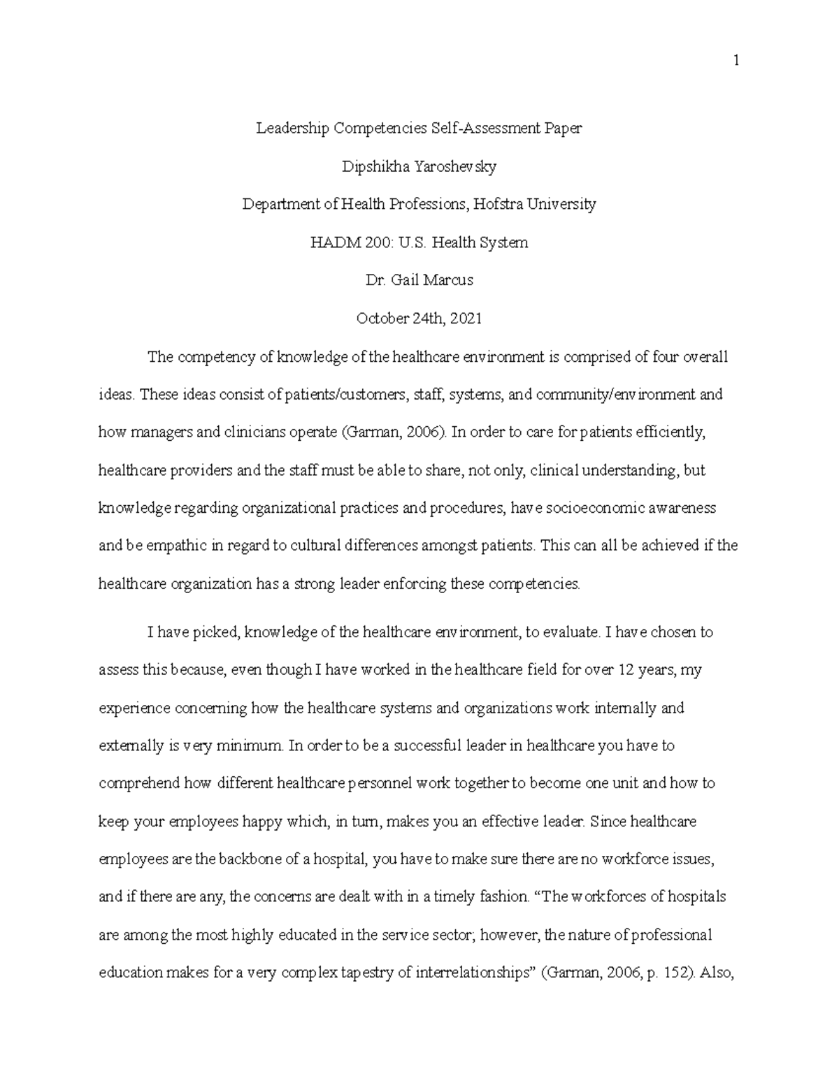 Leadership Competencies Self-Assessment Paper - Leadership Competencies ...