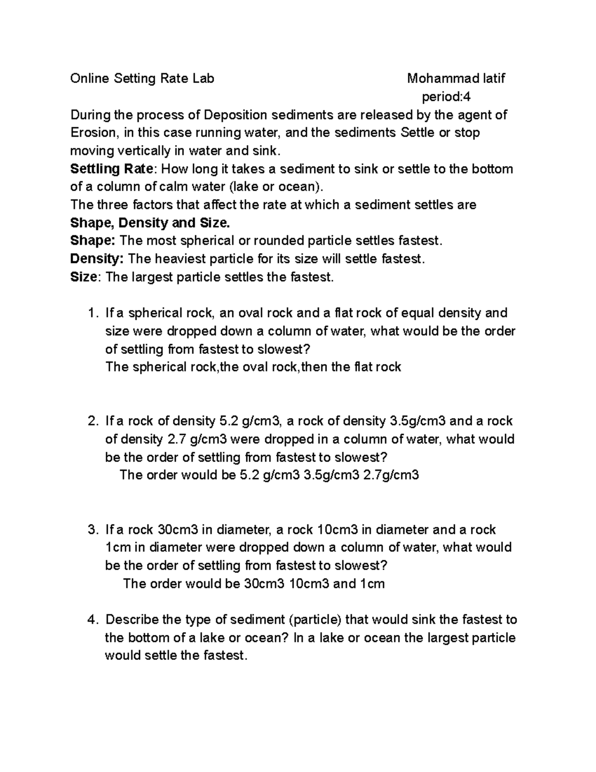 Setting Rate Lab - Settling Rate : How long it takes a sediment to sink ...