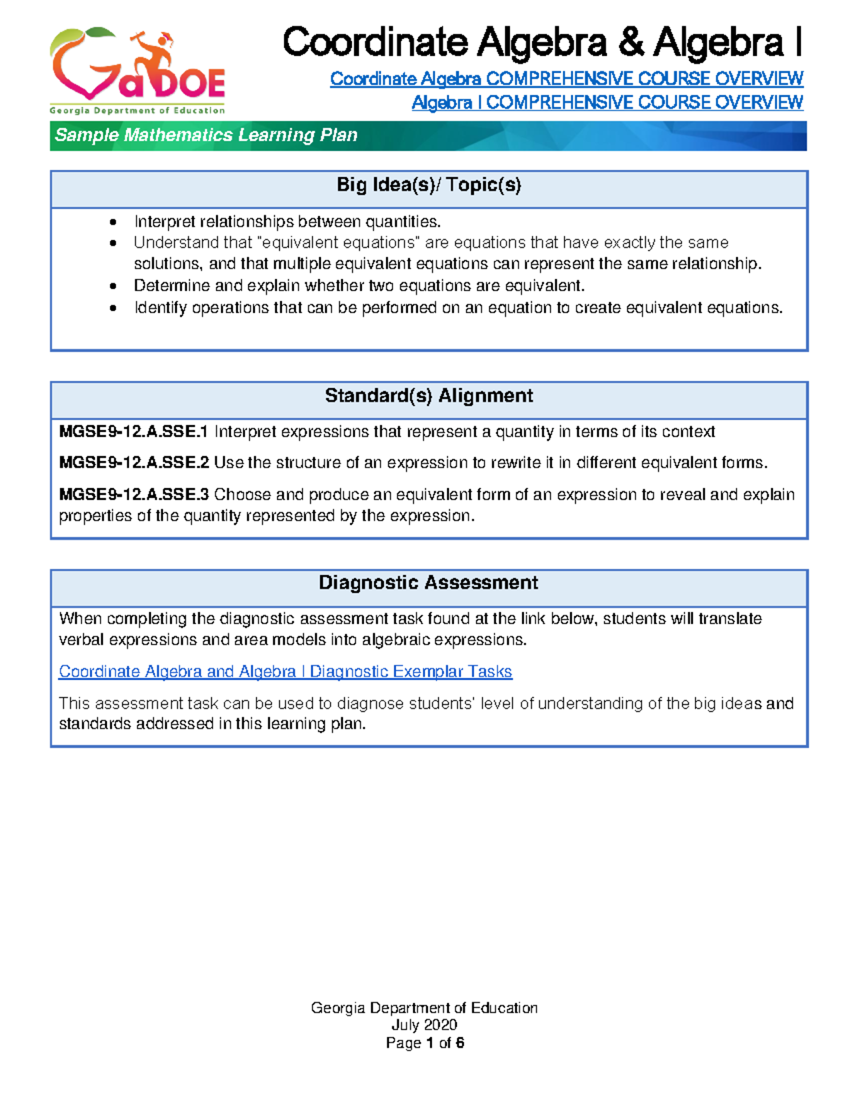 Coordinate-Algebra Algebra-Sample-Mathematics-Learning-Plan - Georgia ...