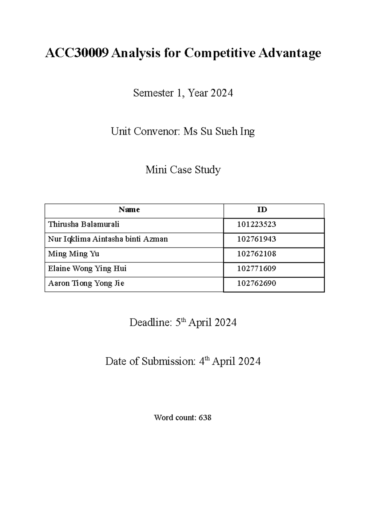 ACC30009 Analysis for Competitive Advantage - Mini Case Study ...