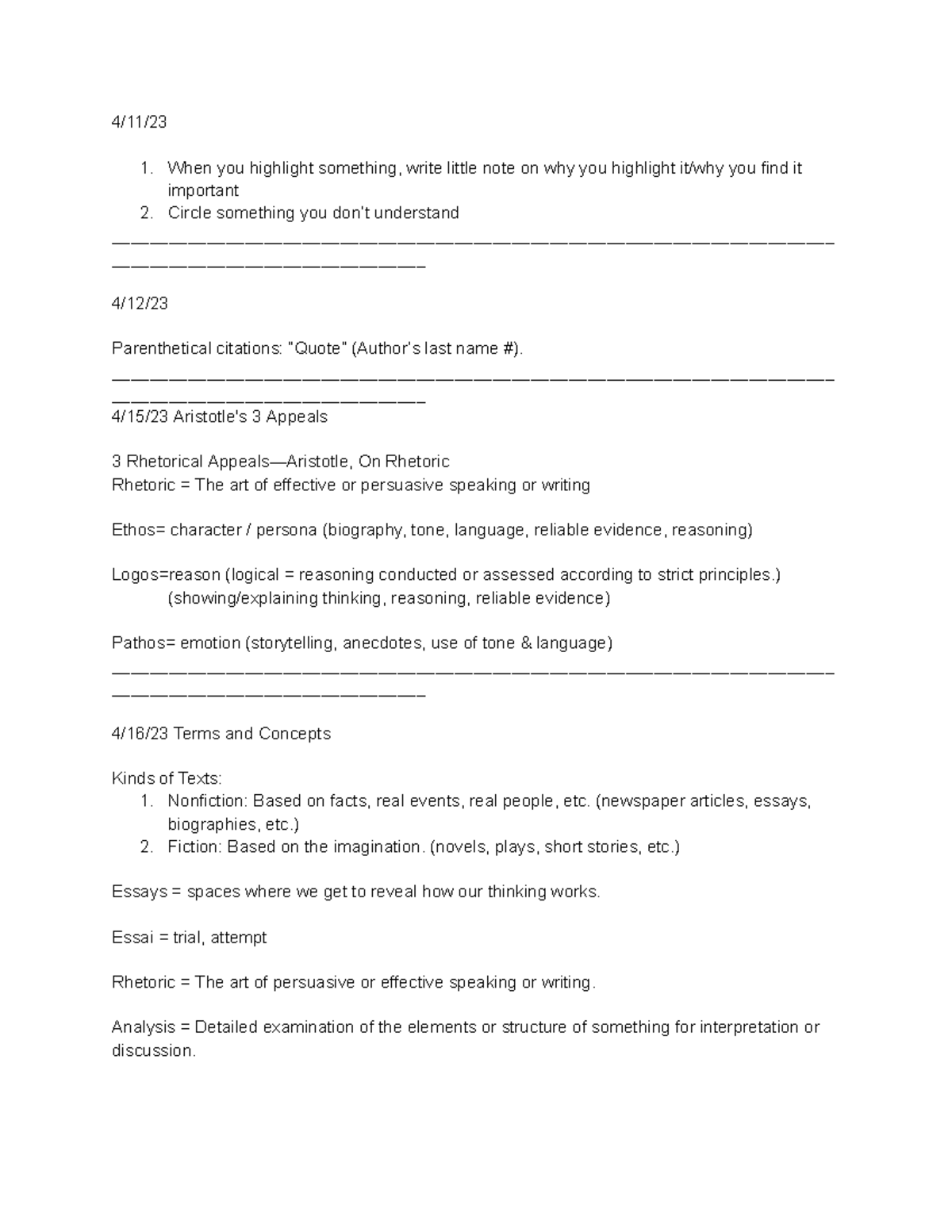 English 101 Notes - 4/11/ When you highlight something, write little ...