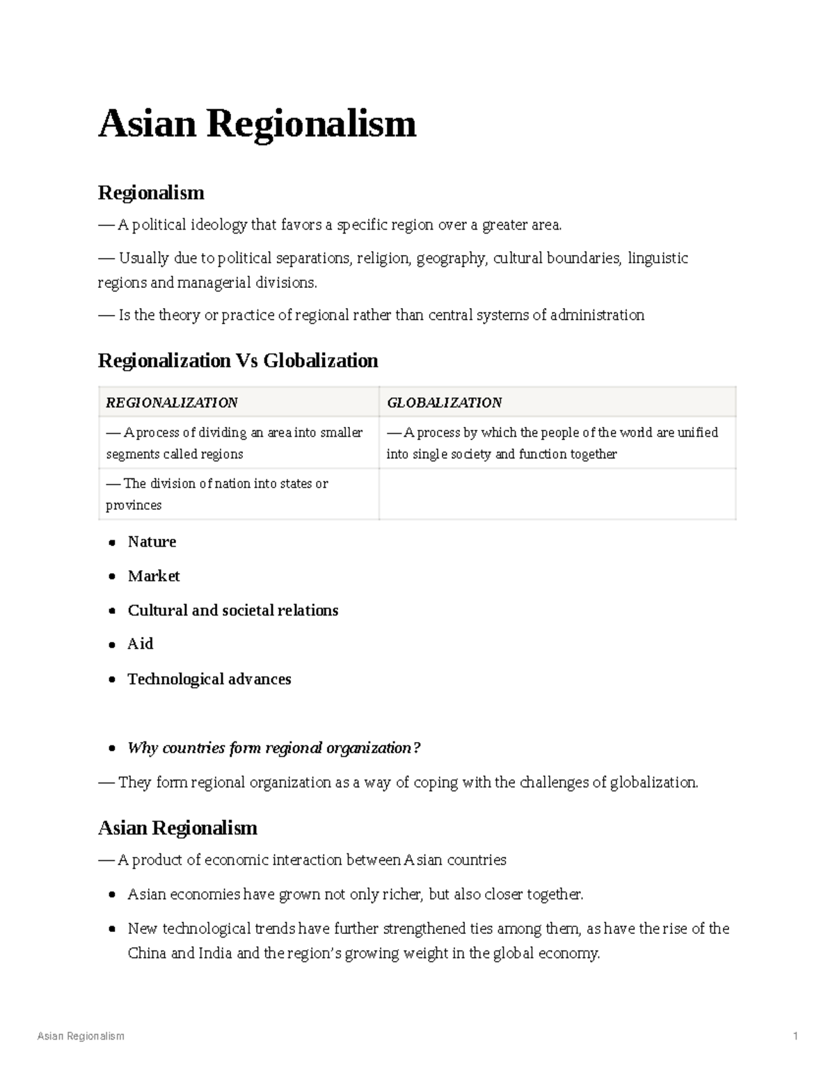 Asian Regionalism - notes - Asian Regionalism 1 Asian Regionalism ...