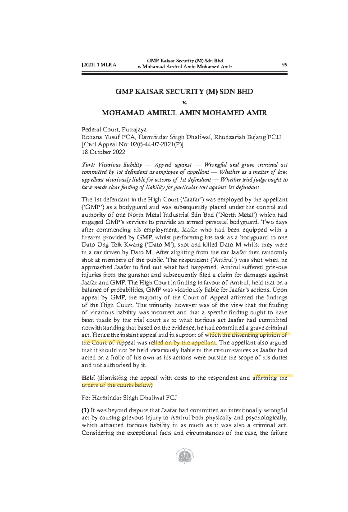 GMP 2023 Highlighted - vicarious liability - [2023] 1 MLRA v. Mohamad Amirul Amin Mohamed Amir ...