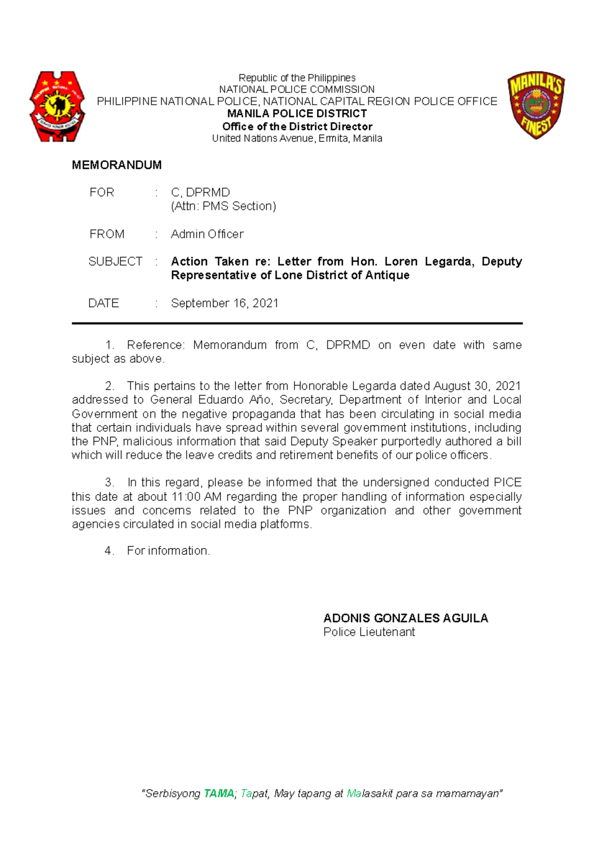 Action Taken re Letter from Hon. Loren Legarda, Deputy Representative ...