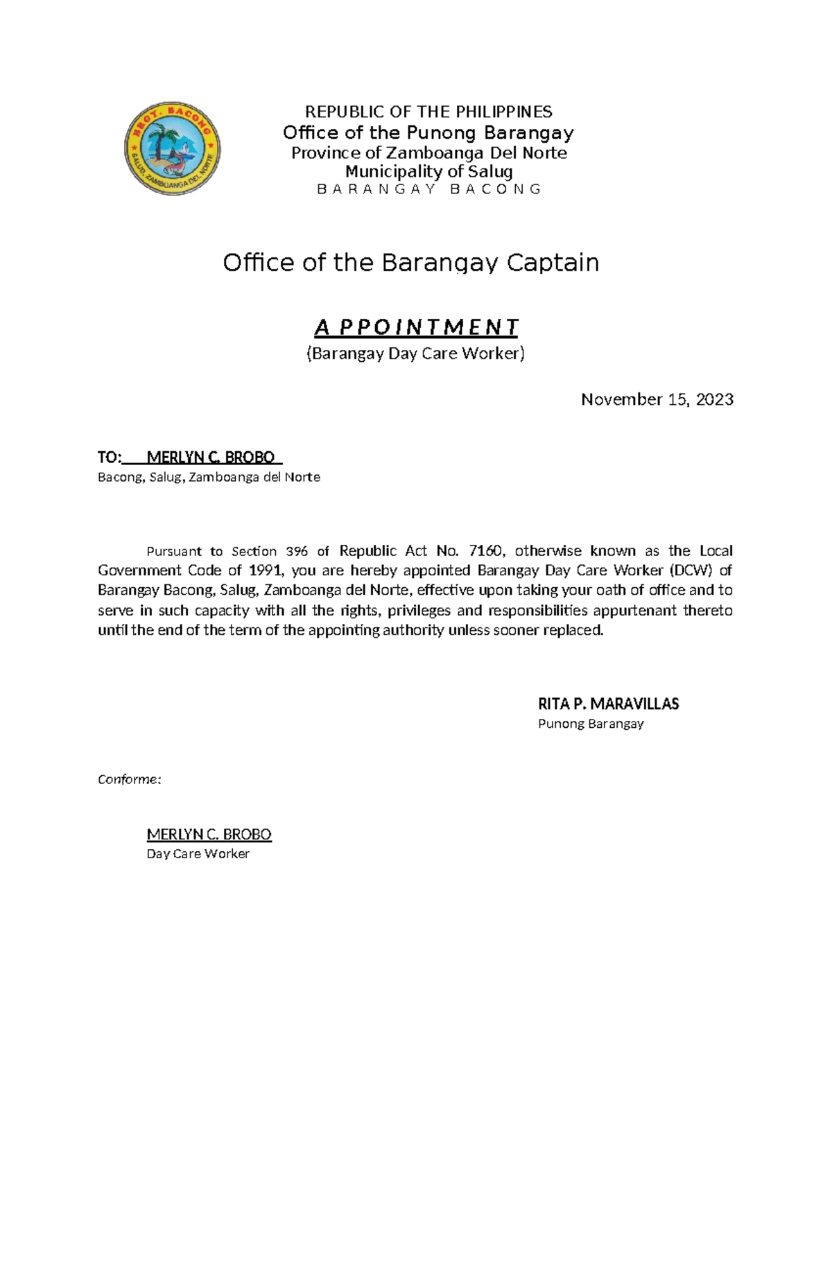 Appointment of DCW - A P P O I N T M E N T (Barangay Day Care Worker ...