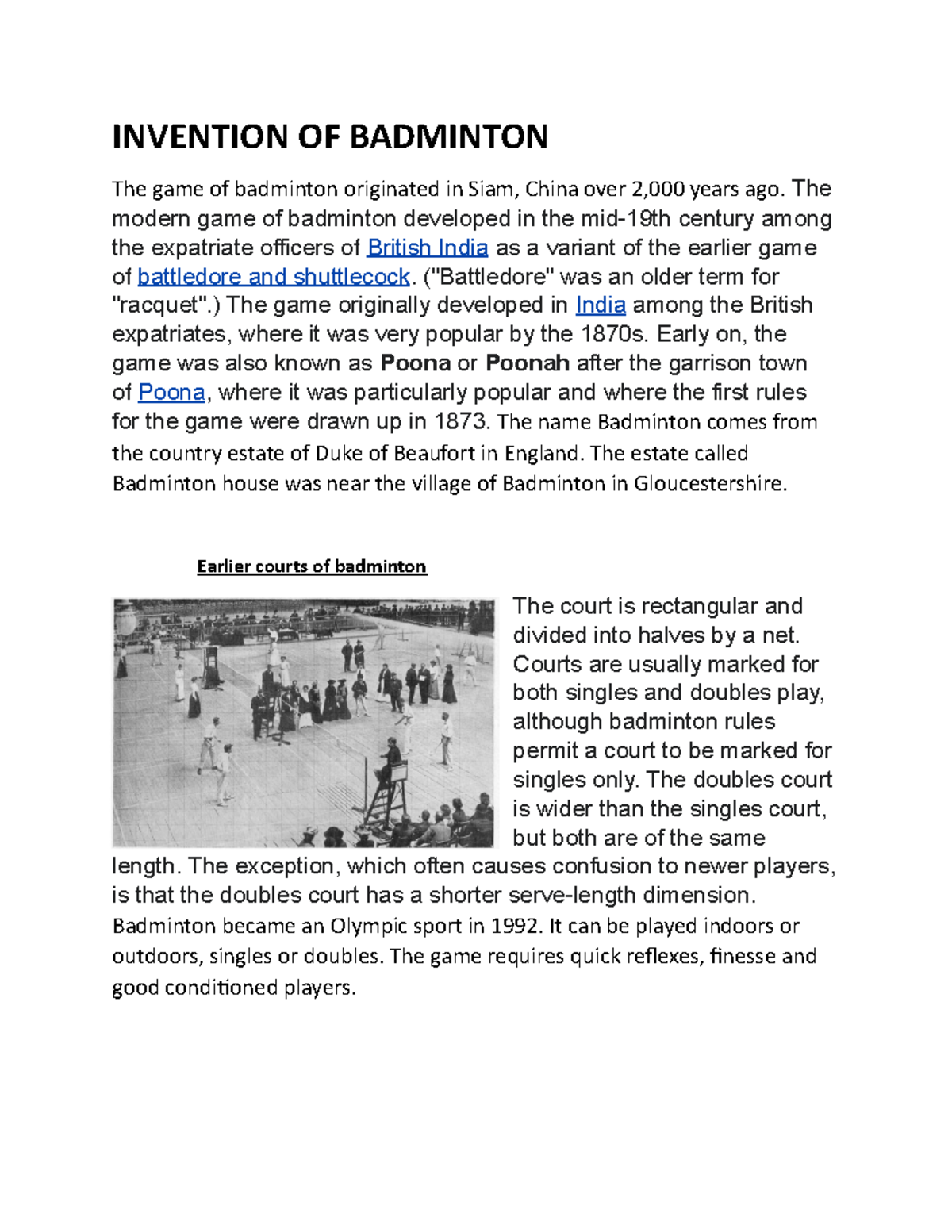 Badminton - vgyu - INVENTION OF BADMINTON The game of badminton ...
