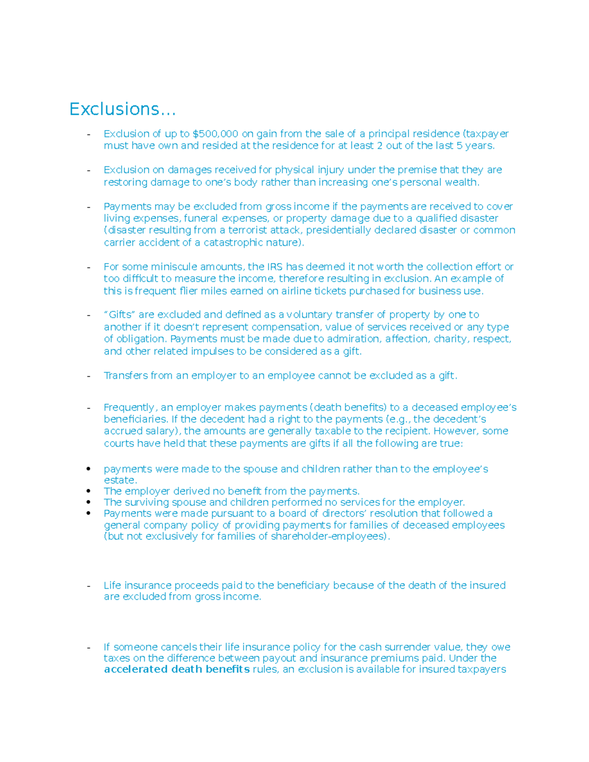 Chapter 5 textbook notes - Exclusions... Exclusion of up to on gain ...