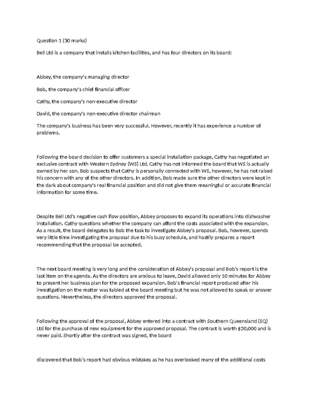 Corporations Law Practice Questions - Question 1 (30 marks) Bell Ltd is ...