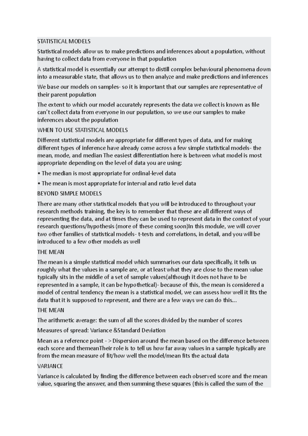 Statistical Models - STATISTICAL MODELS Statistical models allow us to ...