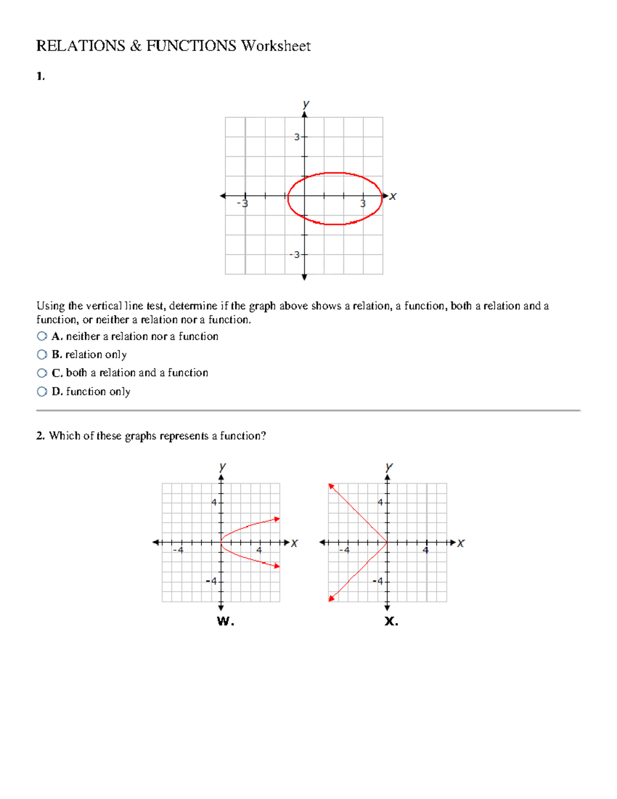 Relations and Functions Worksheet - RELATIONS & FUNCTIONS Worksheet 1 ...