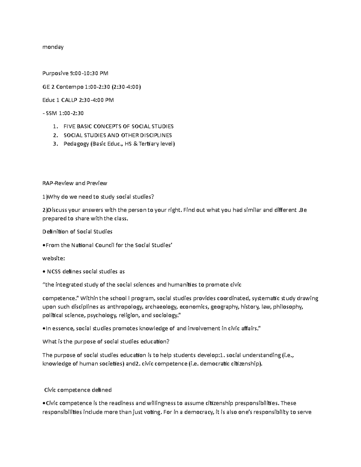 Socstud and discipline - monday Purposive 9:00-10:30 PM GE 2 Contempo 1 ...