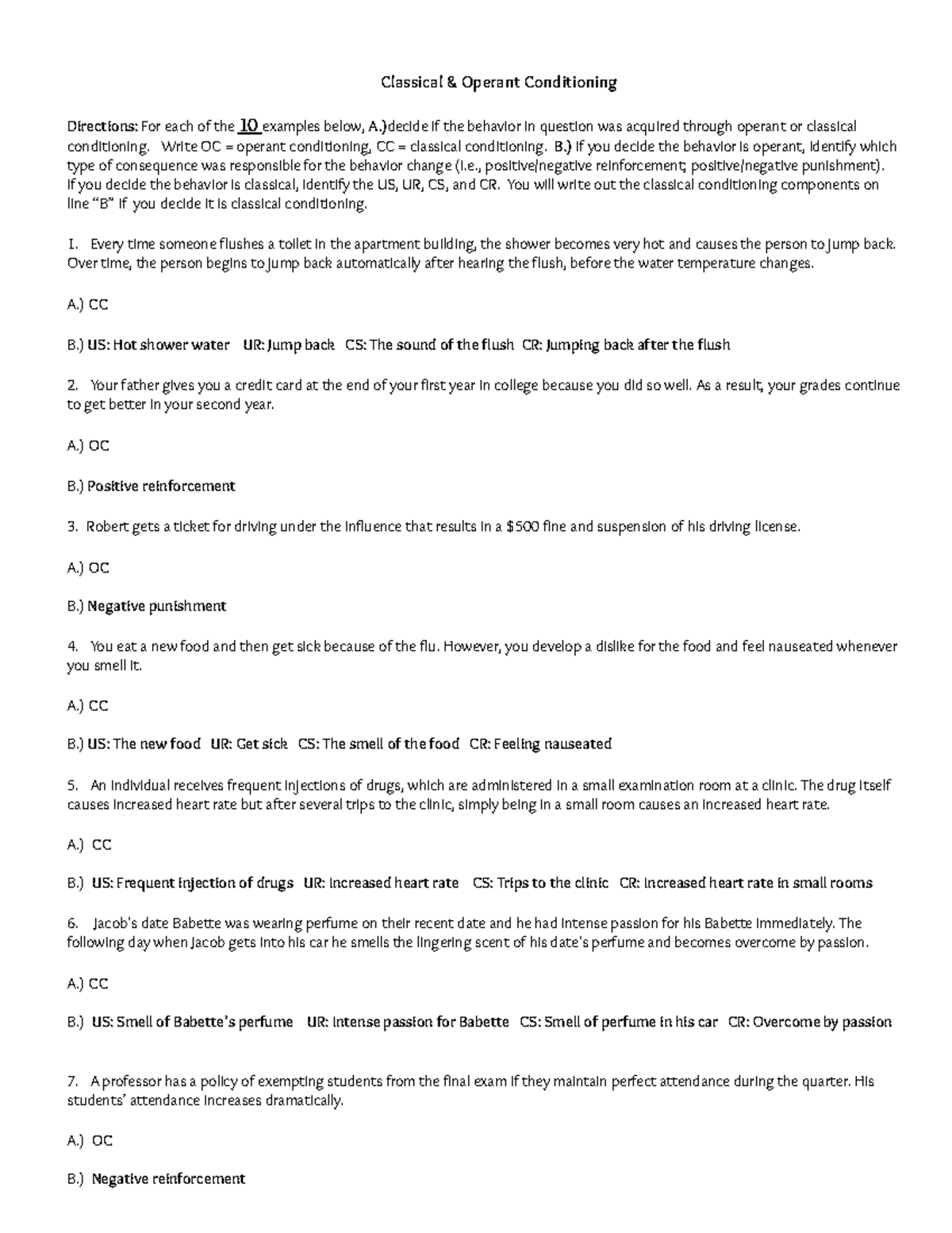 Classical Operant Conditioning Student - Classical & Operant ...