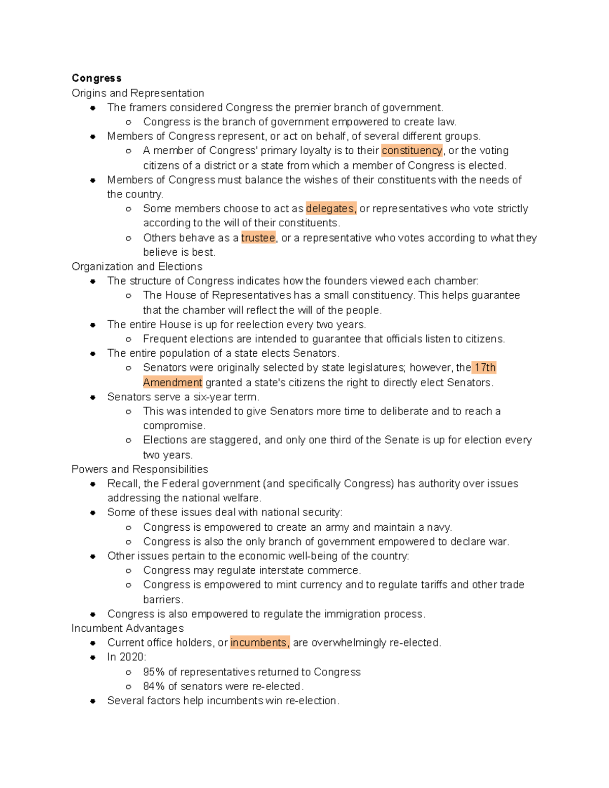 Gov Chapter 8 - lecture notes - Congress Origins and Representation The ...