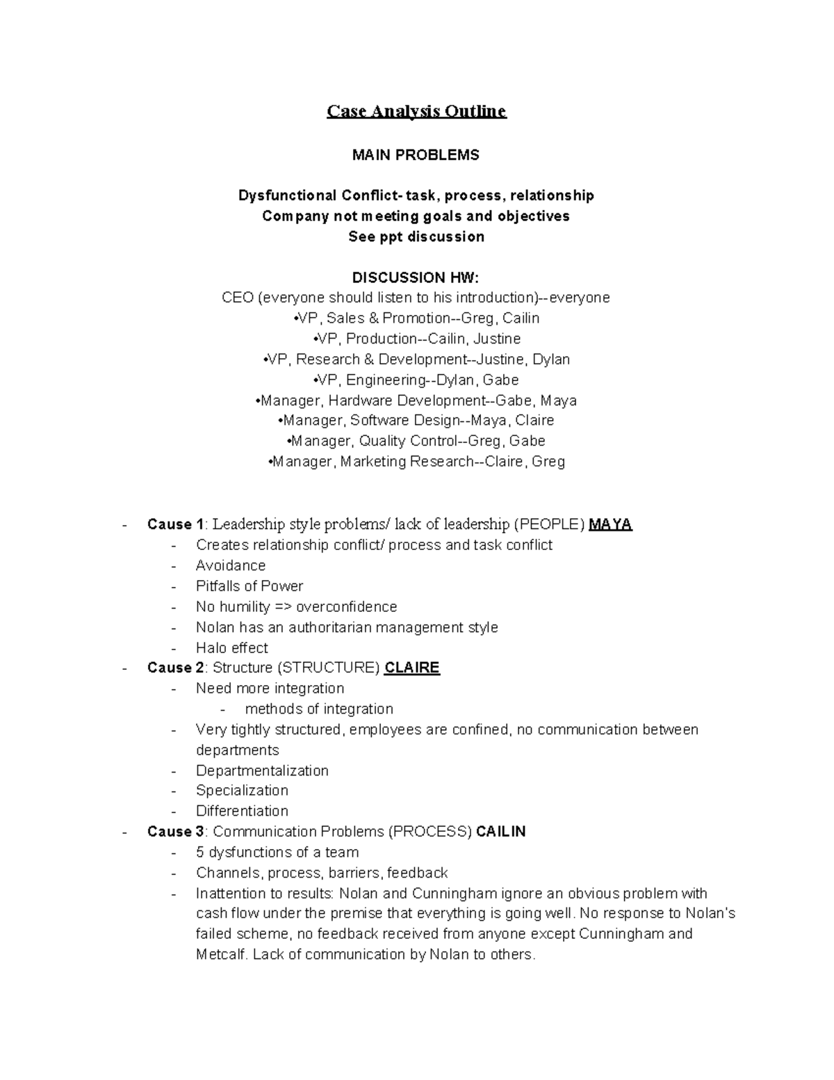 Case Analysis Project Outline - Case Analysis Outline MAIN PROBLEMS ...
