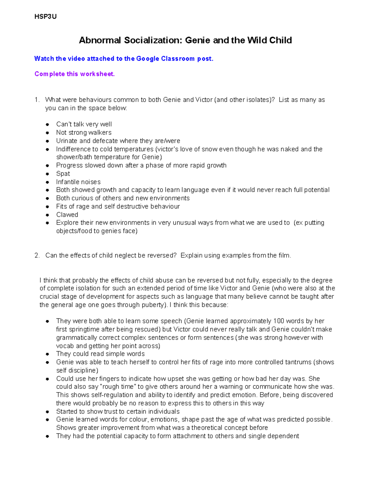 - Abnormal Socialization Genie and the Wild Child - Video Worksheet ...