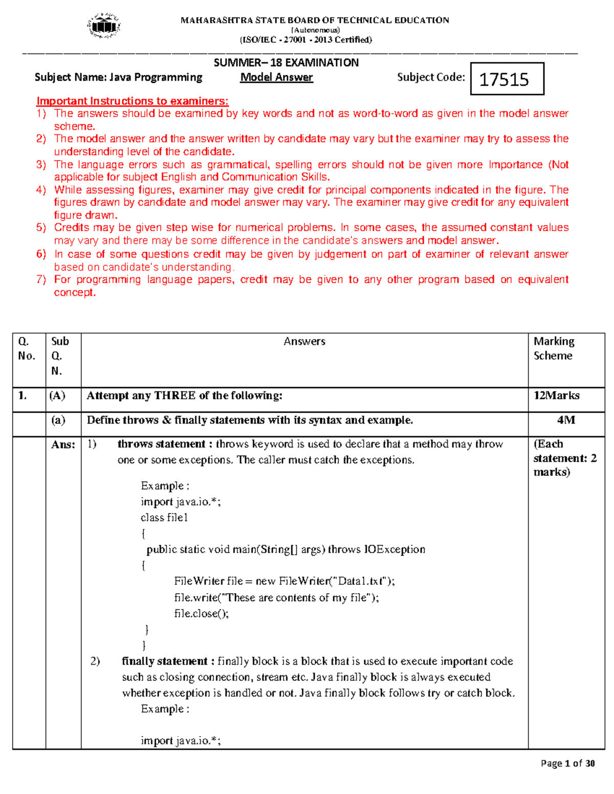 Model ans 22412 java programming - (Autonomous) (ISO/IEC - 27001 - 2013 ...