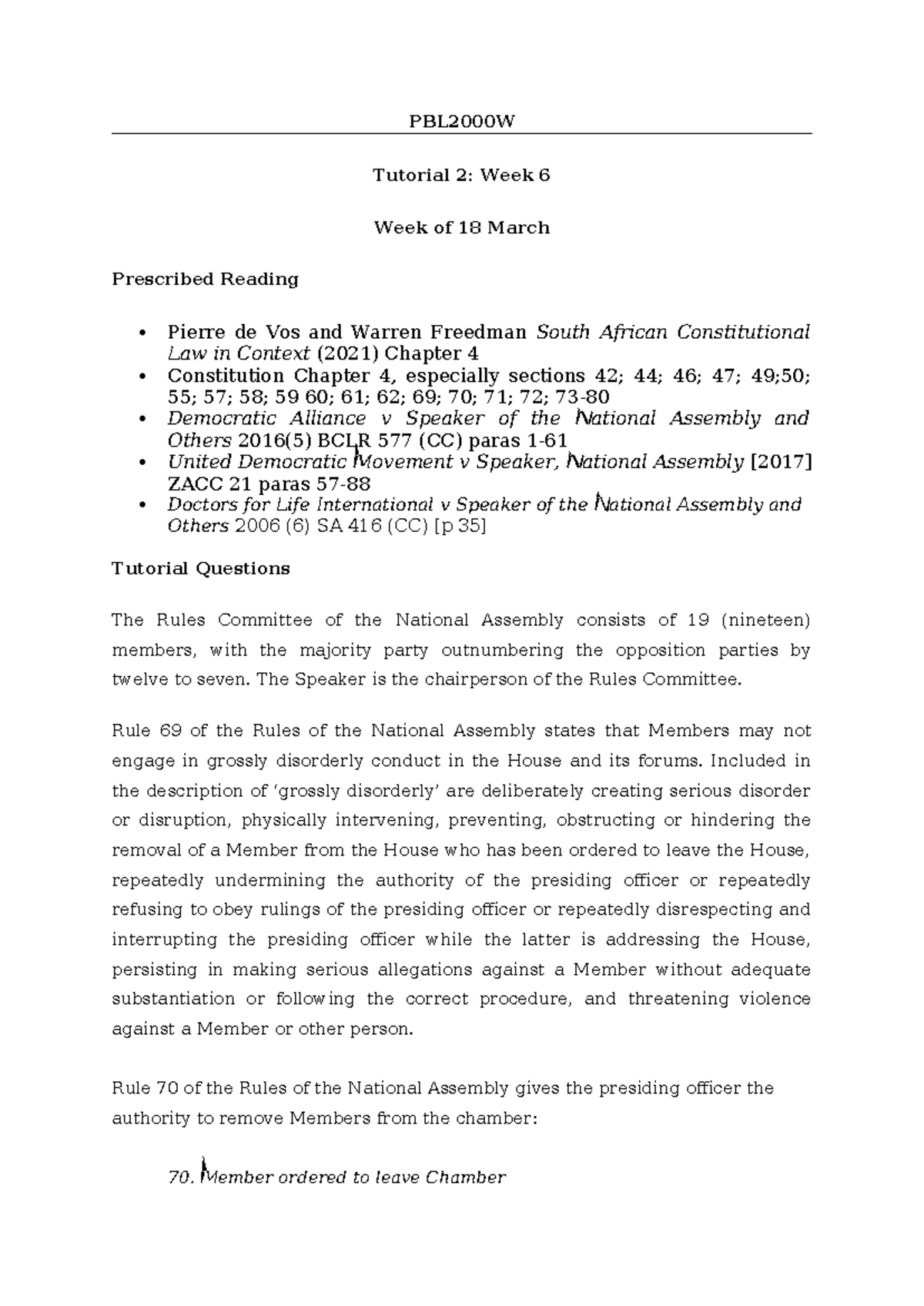 Tutorial 2 2024 - PBL2000W Tutorial 2: Week 6 Week of 18 March Prescribed Reading Pierre de Vos ...
