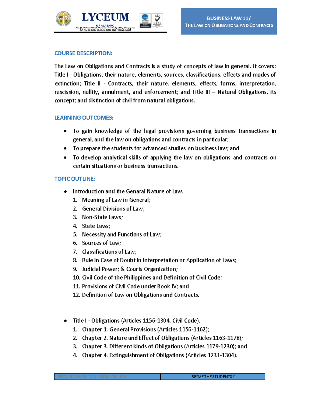 The Law On Obligations And Contract Prelims Reading Materials The