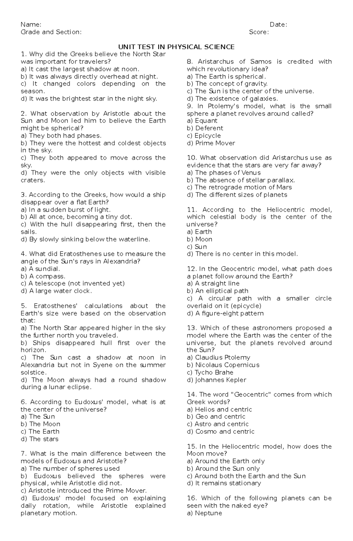 SET A Physical Science - Name: Date: Grade and Section: Score: UNIT ...