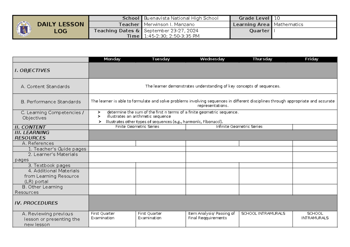 Sample Grade 10 DLL Q1W6 - DAILY LESSON LOG School Buenavista National ...
