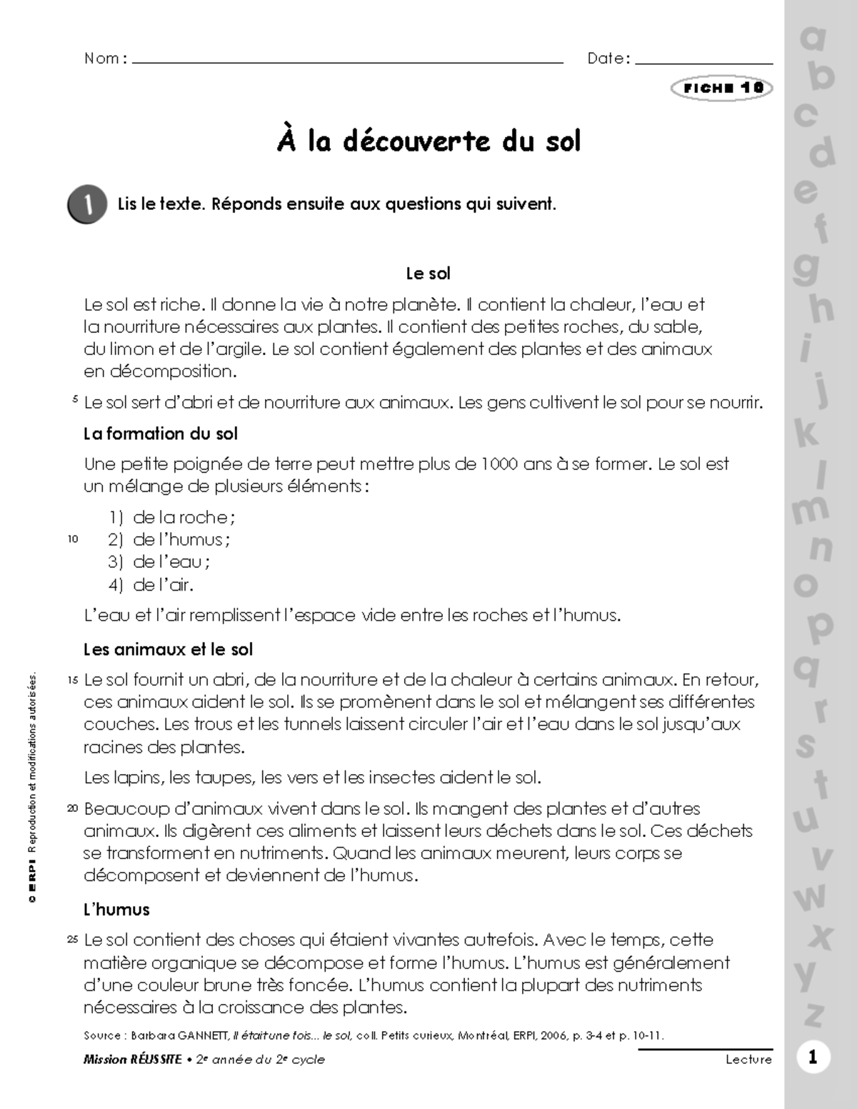 Fiche 10 decouverte du sol - Nom : Date : Mission RÉUSSITE 2e année du ...