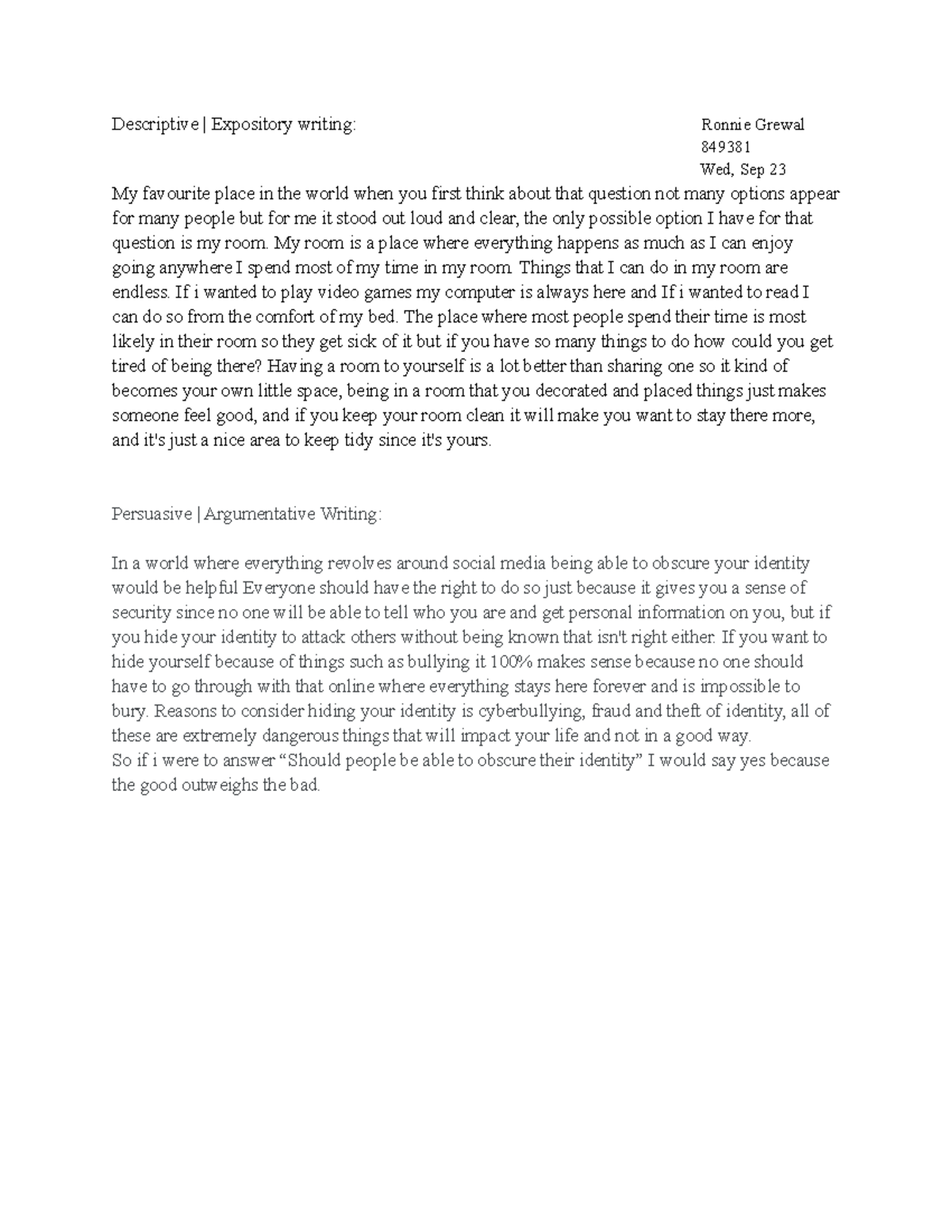 2 paragraphs Ronnie Grewal - Descriptive | Expository writing: Ronnie ...