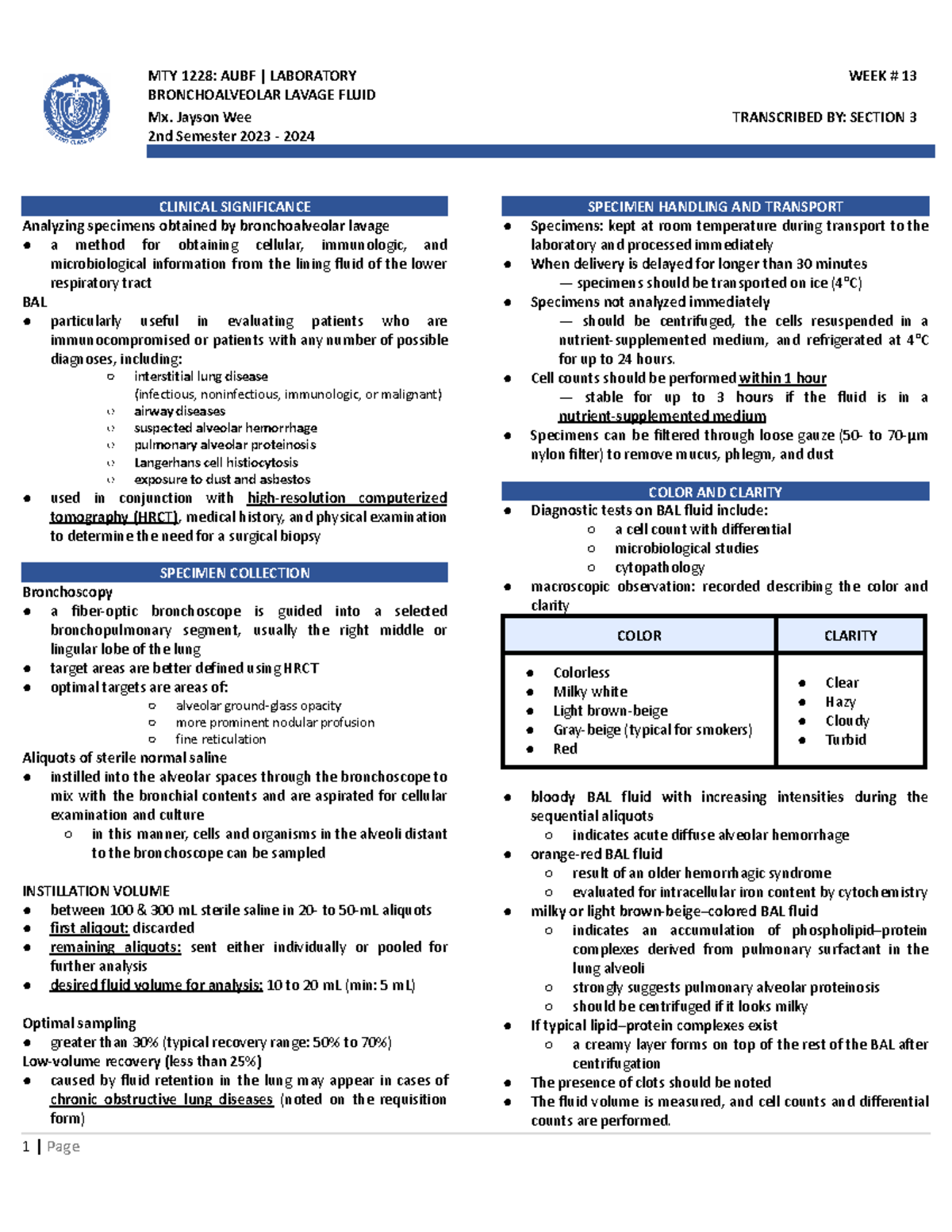 BAL - none - MTY 1228: AUBF | LABORATORY WEEK # 13 BRONCHOALVEOLAR ...